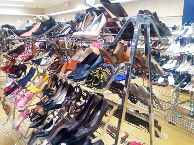 The shoe carousel—a dizzying display of footwear possibilities where patient shoppers might discover barely-worn boots or that perfect pair of dress shoes.