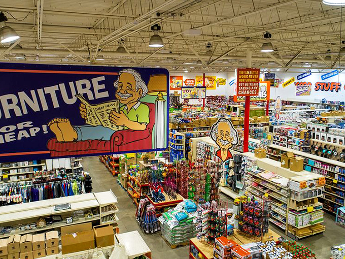 An overhead view showcases the magnificent chaos of bargain hunting &ndash; where furniture, toys, and household goods create a retail wonderland for the budget-conscious explorer.