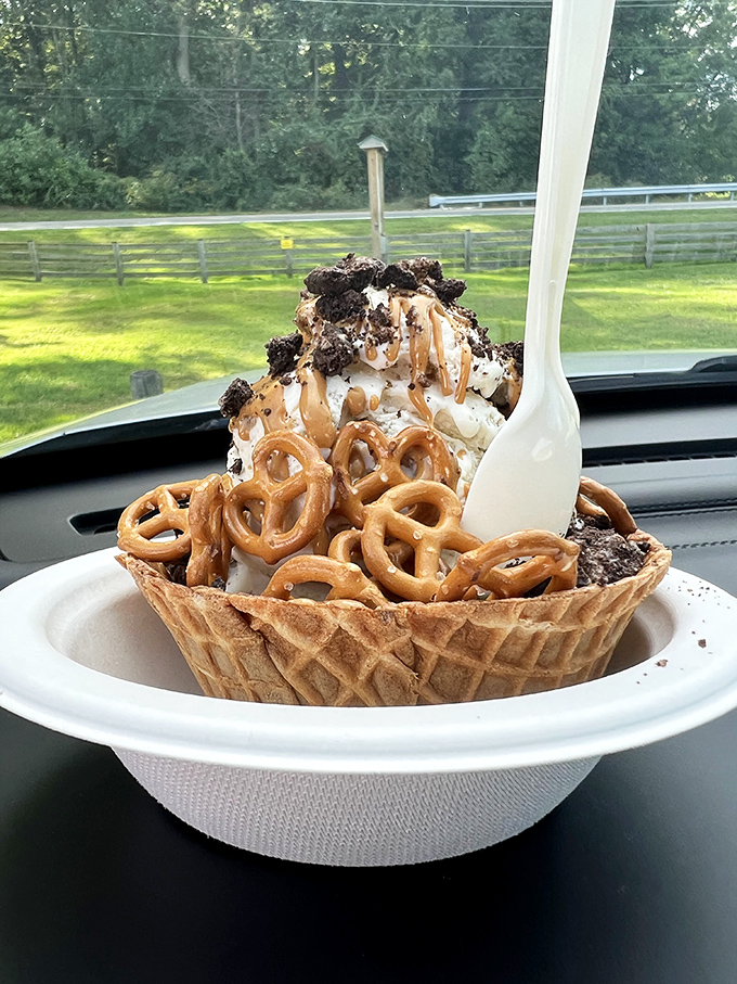 The waffle bowl sundae with pretzels is what happens when sweet meets salty in a romance more compelling than any reality dating show.