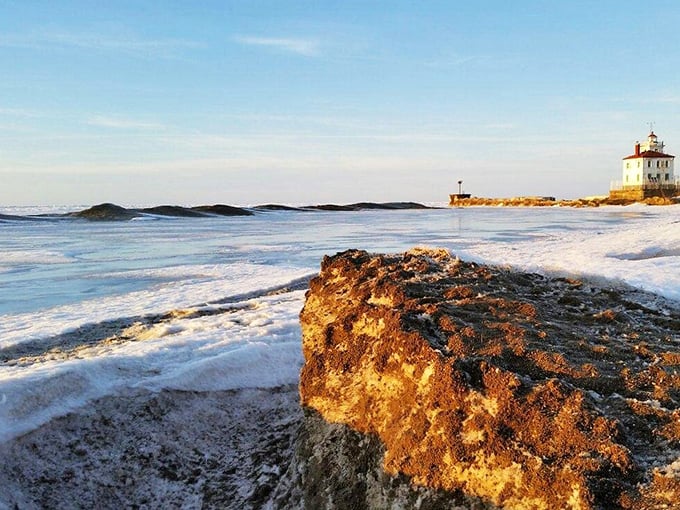 Winter transforms Headlands into a frozen wonderland where ice sculptures form naturally and the lighthouse dons a spectacular frost coat.