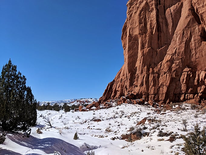 Winter transforms Kodachrome into a magical snow globe where red rock meets white powder &ndash; Mother Nature's perfect contrast.