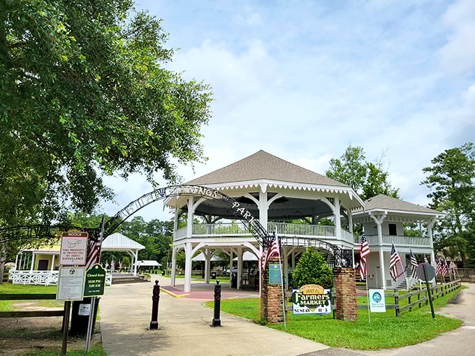 The Abita Springs Pavilion welcomes visitors to a town where quirkiness isn't just accepted—it's the main attraction.