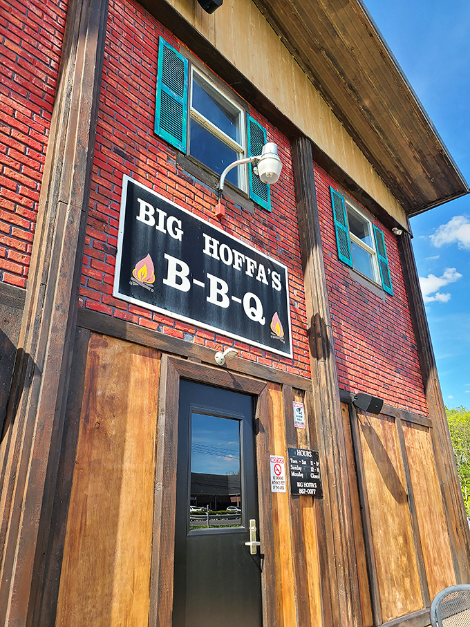 Big Hoffa's brick-and-wood facade hints at the sturdy, traditional BBQ techniques waiting inside.