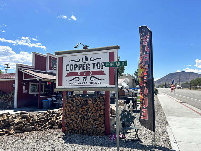 Copper Top BBQ: Roadside barbecue perfection with a view. That stack of firewood isn't just decoration – it's flavor in waiting.
