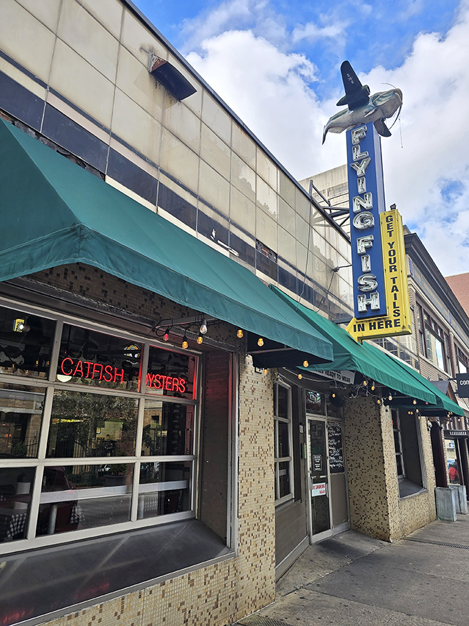 Flying Fish's vintage storefront and neon sign bring a touch of whimsy to downtown Memphis &ndash; like seafood with a side of urban cool.