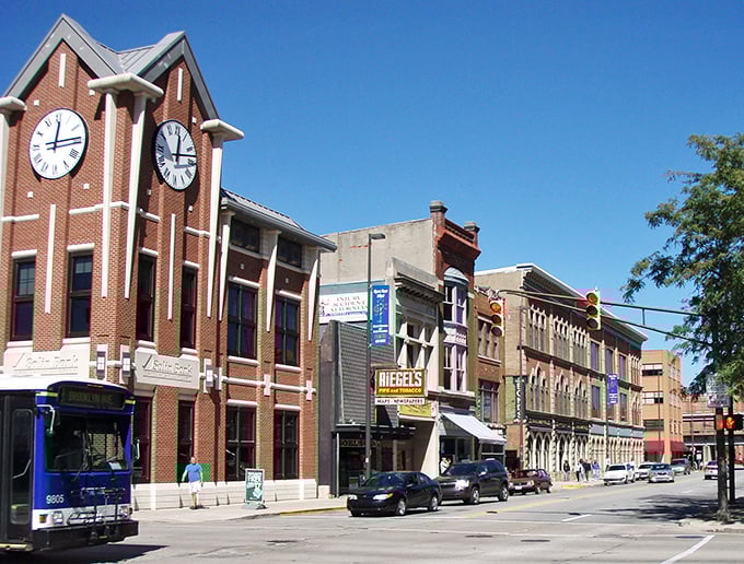 A clock tower stands sentinel over Fort Wayne's colorful streets, where time seems to move more slowly than housing costs.