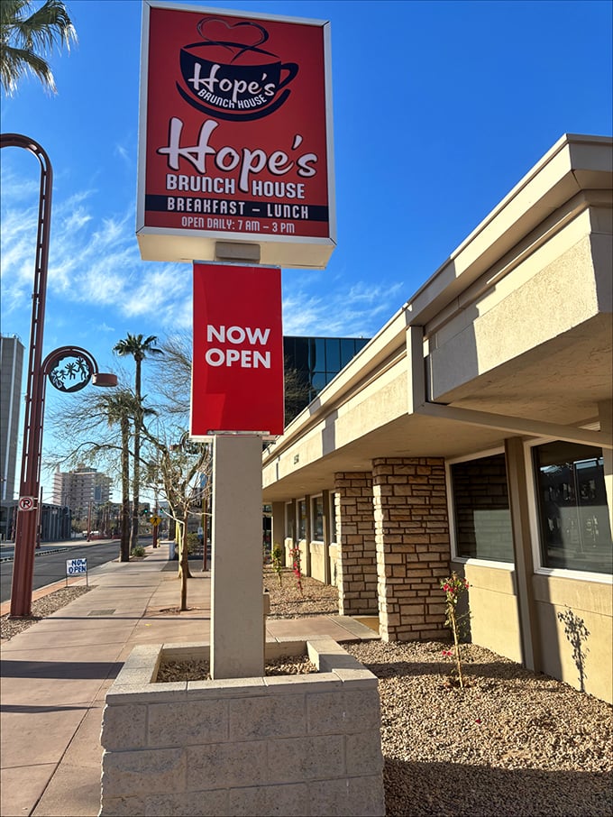 Hope's Brunch House announces itself with bold red signage &ndash; a fitting introduction to their equally bold breakfast flavors.