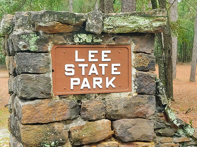 Lee State Park's stone entrance—built by hand in an era when craftsmanship wasn't just a hashtag on social media.