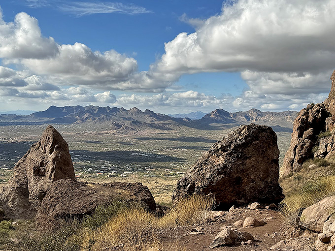 Lost Dutchman's rugged terrain showcases the Superstition Mountains in all their imposing, mythical glory.
