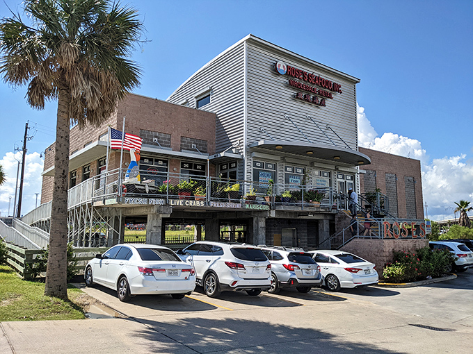 Rose's impressive two-story structure stands like the Pentagon of seafood &ndash; commanding respect along Seabrook's waterfront.
