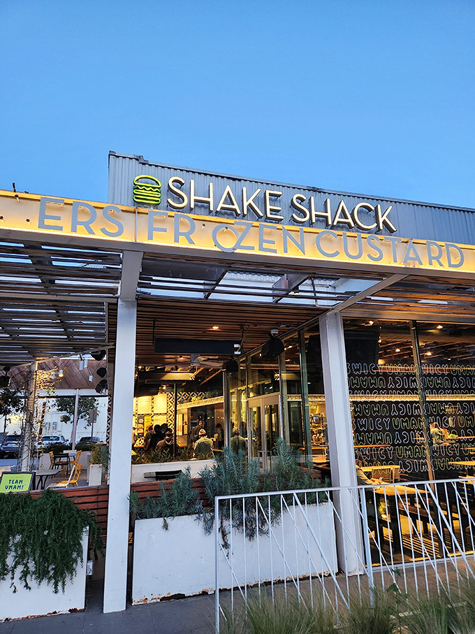 Shake Shack's West Hollywood outpost glows like a burger lighthouse in the evening. Even celebrities line up here, proving that perfect patties are the great equalizer.