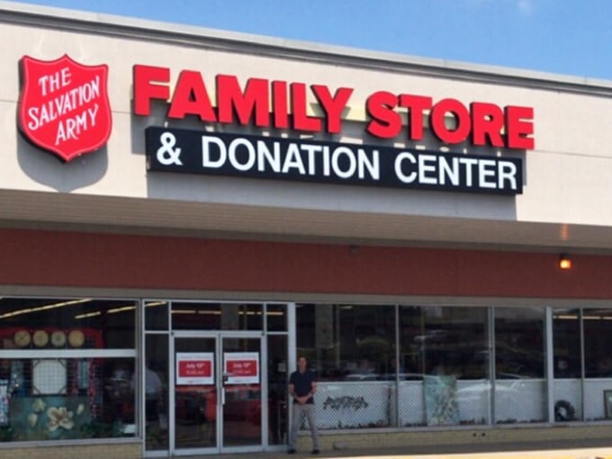 The Salvation Army's iconic shield welcomes shoppers to a world where every purchase supports a greater cause.