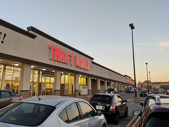 Thrift World's bold red letters against bright blue skies&mdash;like Superman decided to open a second-hand store for budget-conscious heroes!