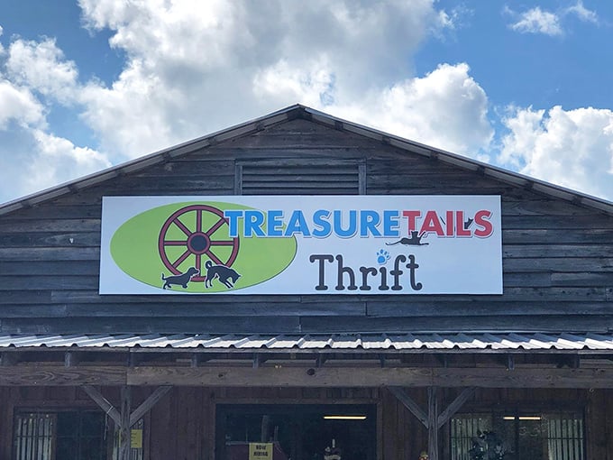 Treasure Tails: "Rustic charm with a heart for animals. That wooden facade houses treasures that help furry friends!" 