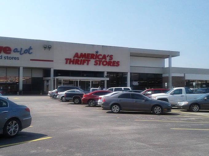 The daytime view reveals just how massive this thrifting mecca truly is—bring comfortable shoes and plenty of patience.