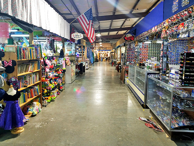 Stars and stripes flutter above handcrafted wares, where tie-dye dreams hang like colorful promises.