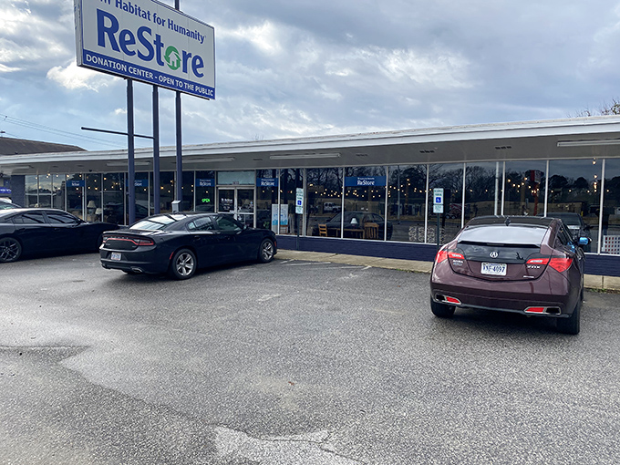 Evening light casts a warm glow on ReStore's windows, where tomorrow's home projects await at yesterday's prices.