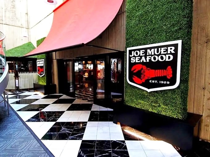 That checkerboard floor isn't just stylish – it's setting the stage for a seafood chess match where you're always the winner.