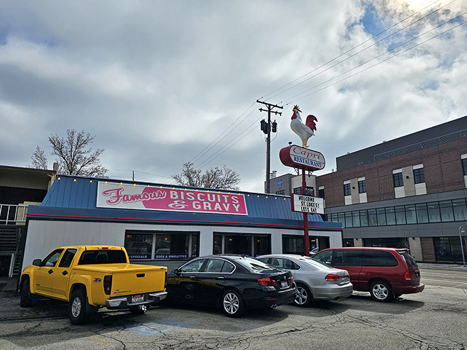 Dawn breaks over The Capri Restaurant, where that famous chicken seems to announce: "The early bird gets the best breakfast in Boise!"