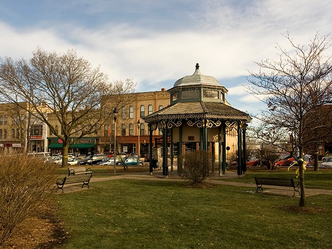 The charming gazebo centerpiece hosts summer concerts and winter dreams in this movie-famous small town.