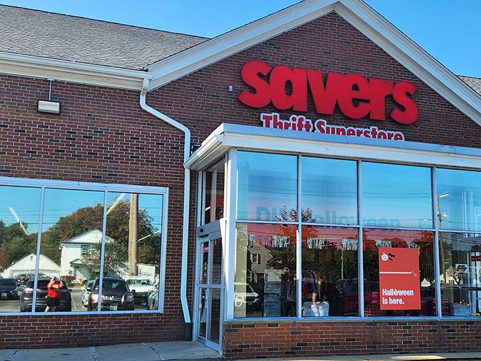 The iconic red Savers sign beckons like a lighthouse for bargain hunters, promising treasures within those brick walls that would make any thrift enthusiast's heart skip a beat.