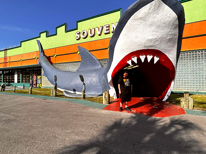 The iconic shark entrance at Souvenir City isn't subtle&mdash;it's vacation architecture at its finest. Walking through those jaws is practically a Gulf Shores rite of passage!