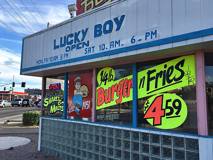 The bright red Lucky Boy sign against the Arizona sky isn't just signage &ndash; it's a beacon of burger bliss that's been guiding hungry Phoenicians home since Eisenhower was in office. 