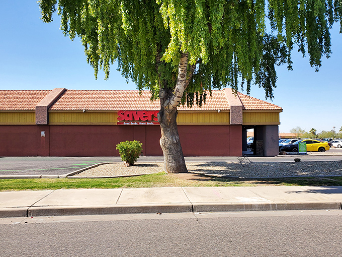 The iconic red Savers sign glows against the twilight sky, beckoning bargain hunters like a retail lighthouse for the thrift-obsessed.