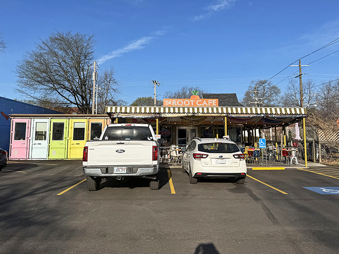 The Root Cafe's colorful shipping container exterior is like a Wes Anderson film set that happens to serve incredible breakfast.