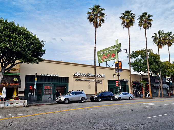 The iconic green and red sign of Musso & Frank stands proudly on Hollywood Boulevard, a beacon of culinary history amid the palm trees.