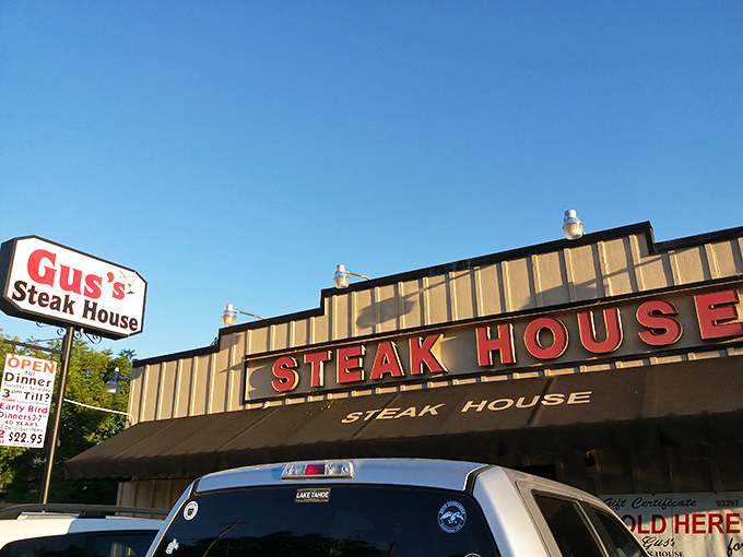 The bold red lettering against the golden exterior isn't just signage&mdash;it's a beacon for carnivores, promising salvation from mediocre meals.