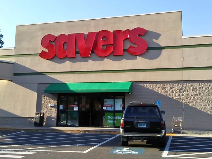 The iconic red Savers sign beckons like a lighthouse for bargain hunters. This unassuming exterior houses treasures waiting to be discovered by savvy Connecticut shoppers.