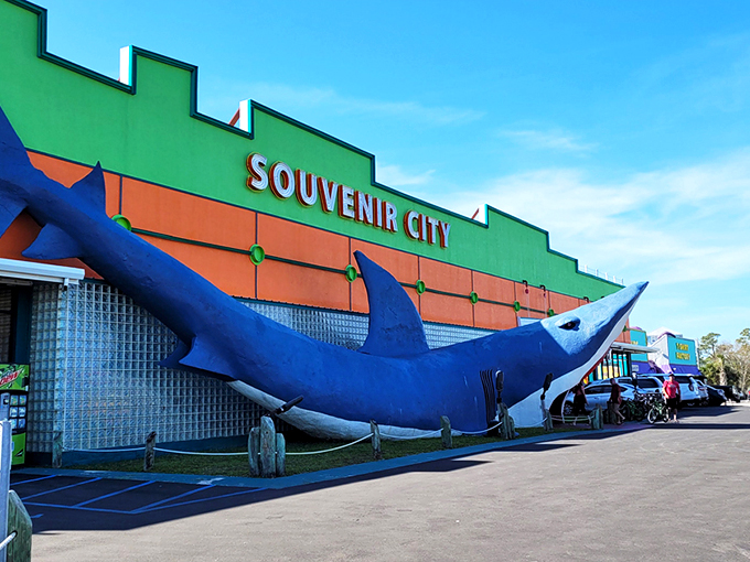 The iconic shark entrance at Souvenir City isn't subtle&mdash;it's vacation architecture at its finest. Walking through those jaws is practically a Gulf Shores rite of passage!
