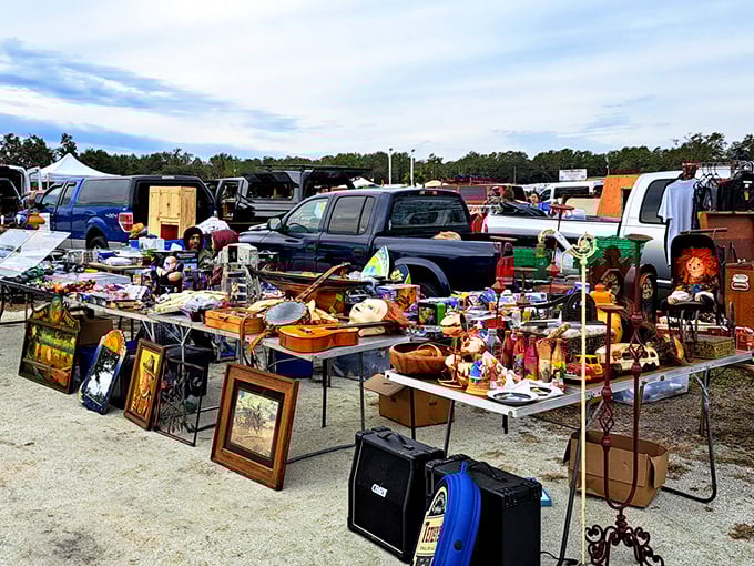 Treasure hunting begins at dawn, where vintage artwork leans against vans and pickup trucks become impromptu galleries. Florida's sunshine provides perfect lighting for spotting that must-have gem.