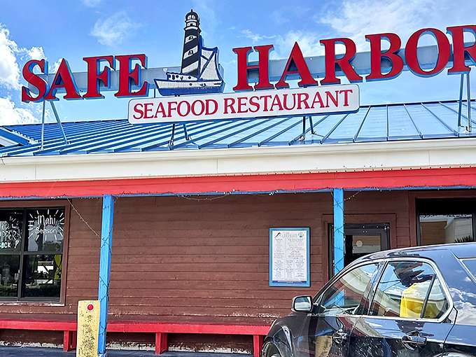 The unassuming exterior of Safe Harbor belies the seafood treasures within. That metal roof has weathered more Florida storms than a weatherman's hairpiece.