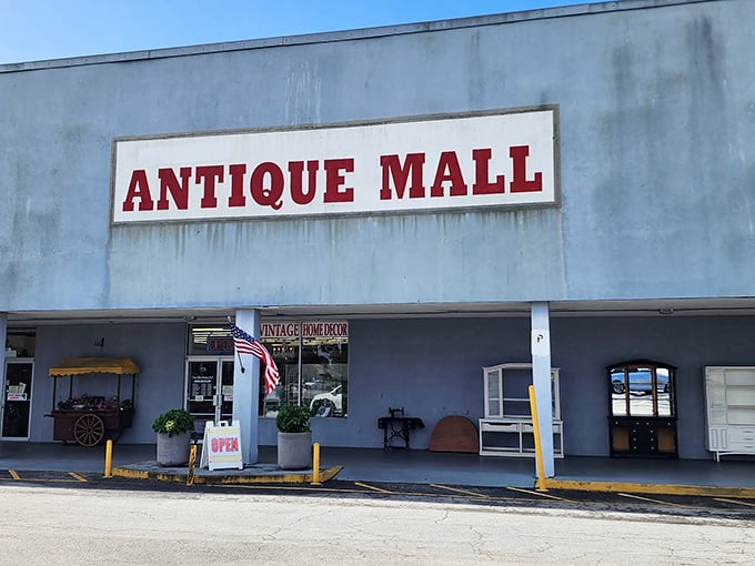 The unassuming exterior hides a universe of treasures within, like finding a portal to the past disguised as a strip mall storefront.