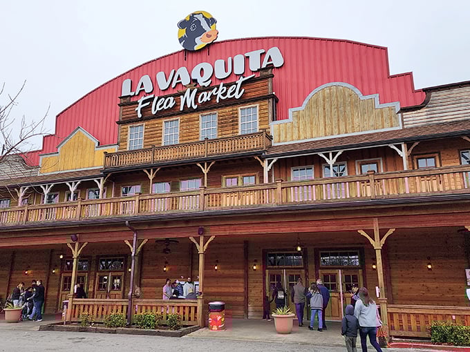 Like a Western film set with a bovine twist, La Vaquita's striking red facade welcomes treasure hunters with rustic charm and the promise of discoveries waiting inside.