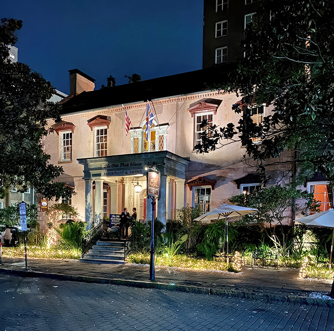 The blush-colored mansion stands proudly on Reynolds Square, proving that real men (and buildings) can wear pink and still look absolutely magnificent.