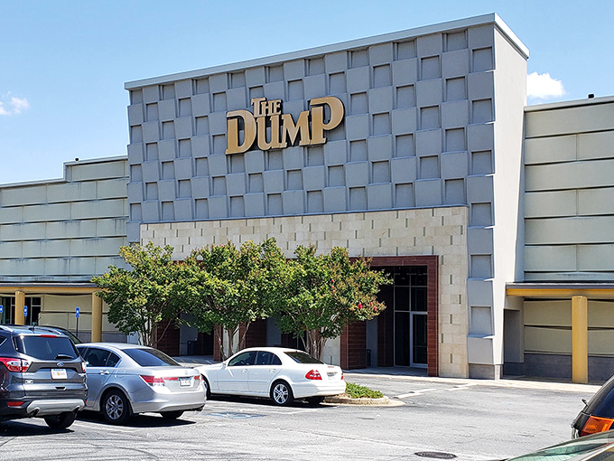 The iconic gray facade with bold yellow lettering announces you've arrived at furniture paradise, not an actual waste disposal site.