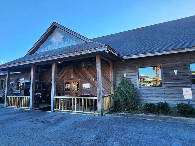 The rustic charm of The Local on 17 beckons from the roadside like a siren song for steak lovers. That weathered wood exterior hides culinary treasures within.