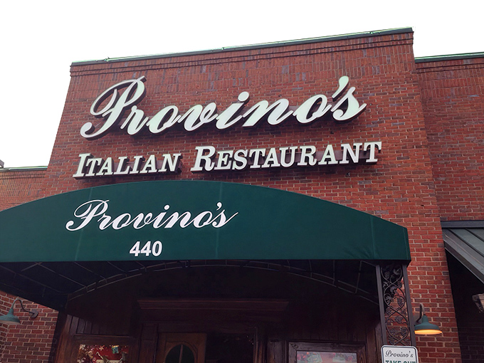 The iconic brick fa&ccedil;ade and emerald awning of Provino's stands as a beacon of hope for the pasta-deprived masses of Kennesaw.