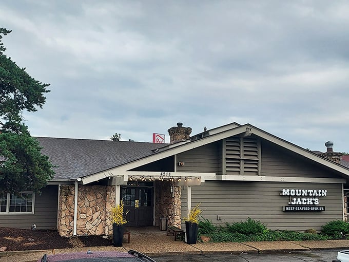The rustic lodge-like exterior of Mountain Jacks promises carnivorous delights within. This unassuming building houses Lafayette's temple of prime beef.