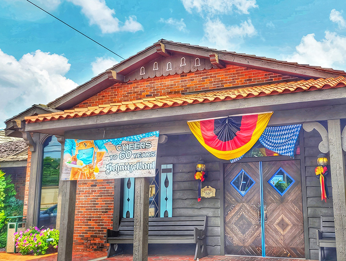 The Bavarian-style exterior of Schnitzelbank isn't just architectural flair&mdash;it's your first clue that authentic German goodness awaits inside. The clock tower practically screams "time for pretzels!"