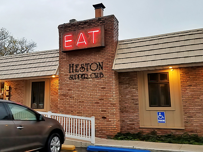 The unassuming tan exterior of Heston Supper Club stands like a culinary speakeasy, promising treasures for those who know to look beyond first impressions.