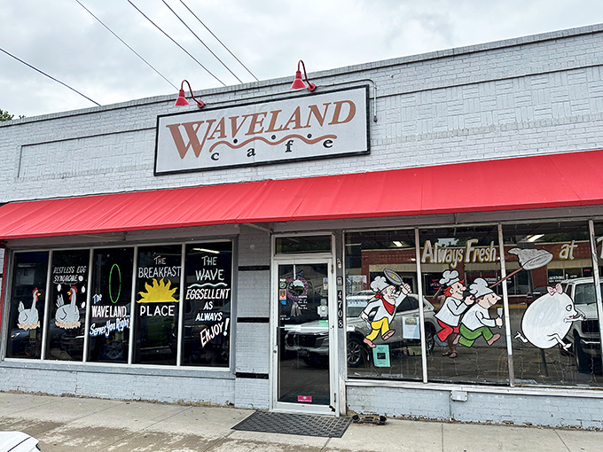 The unassuming storefront that's launched a thousand breakfast dreams. Waveland Cafe's exterior promises nothing fancy&mdash;just honest-to-goodness Iowa morning magic.