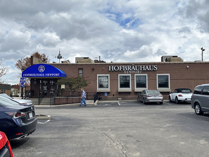 The brick facade of Hofbr&auml;uhaus Newport welcomes you with vibrant flower boxes that practically shout, "Come in, we've been expecting you!"