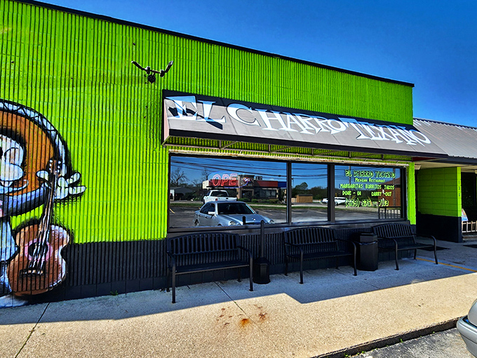 The lime-green exterior of El Charro Texano isn't just eye-catching&mdash;it's practically a landmark. These vibrant murals tell you immediately: this isn't your average taco joint.