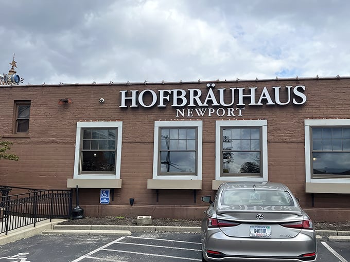 The brick facade of Hofbr&auml;uhaus Newport welcomes you with vibrant flower boxes that practically shout, "Come in, we've been expecting you!"