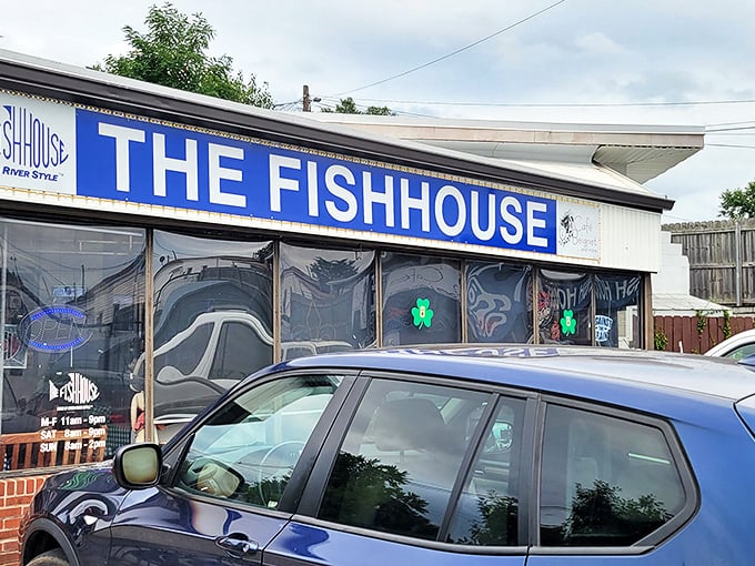 The blue sign beckons like a lighthouse for the seafood-starved. No fancy architecture needed when what's inside is this good.