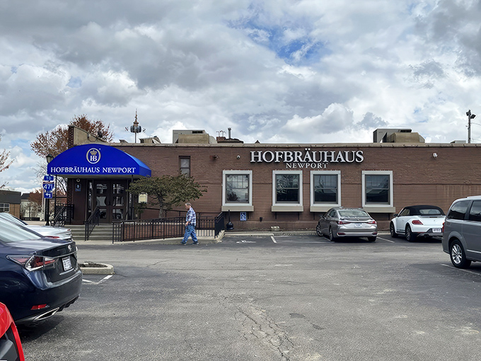 The brick facade of Hofbr&auml;uhaus Newport stands proud, like a Bavarian ambassador that somehow landed in Kentucky with all its German dignity intact.